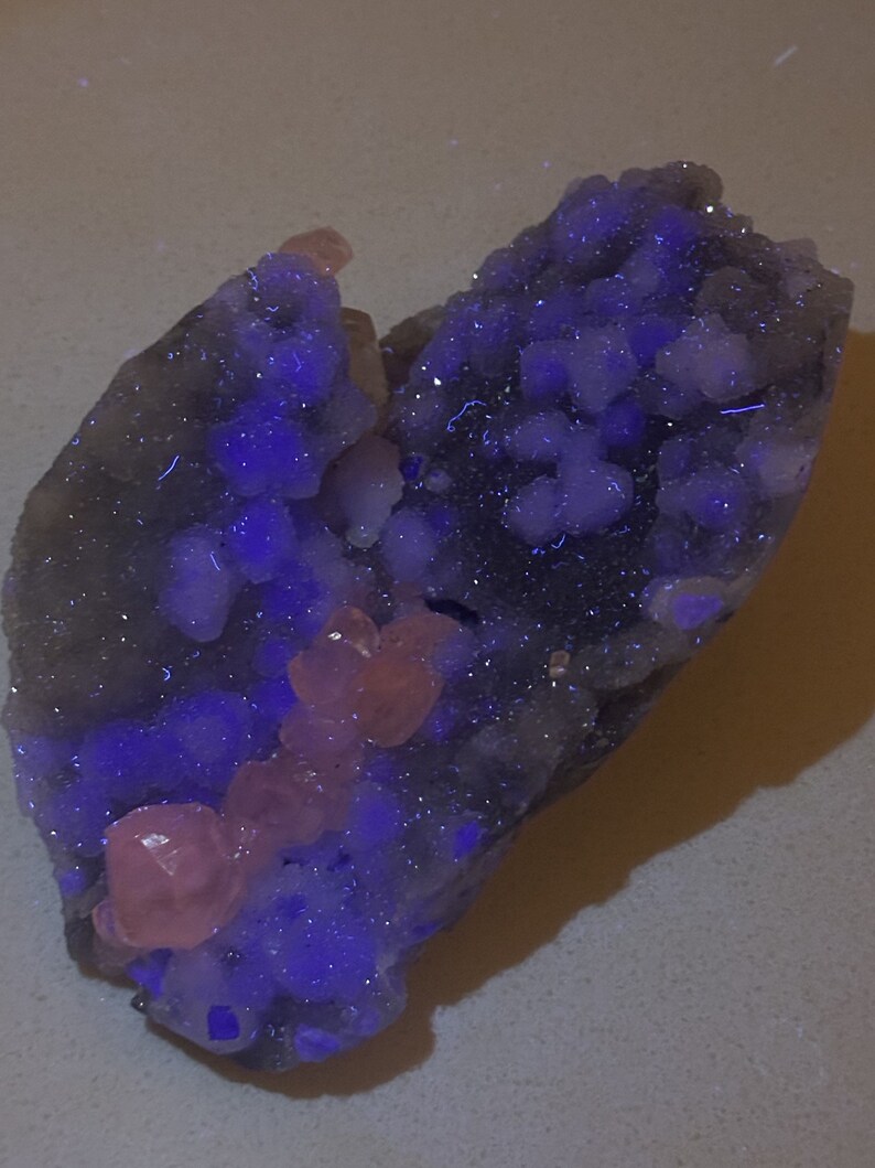 Fluorescent Mangano Calcite on Sparkling Blue Chalcedony Cabinet Sized ...