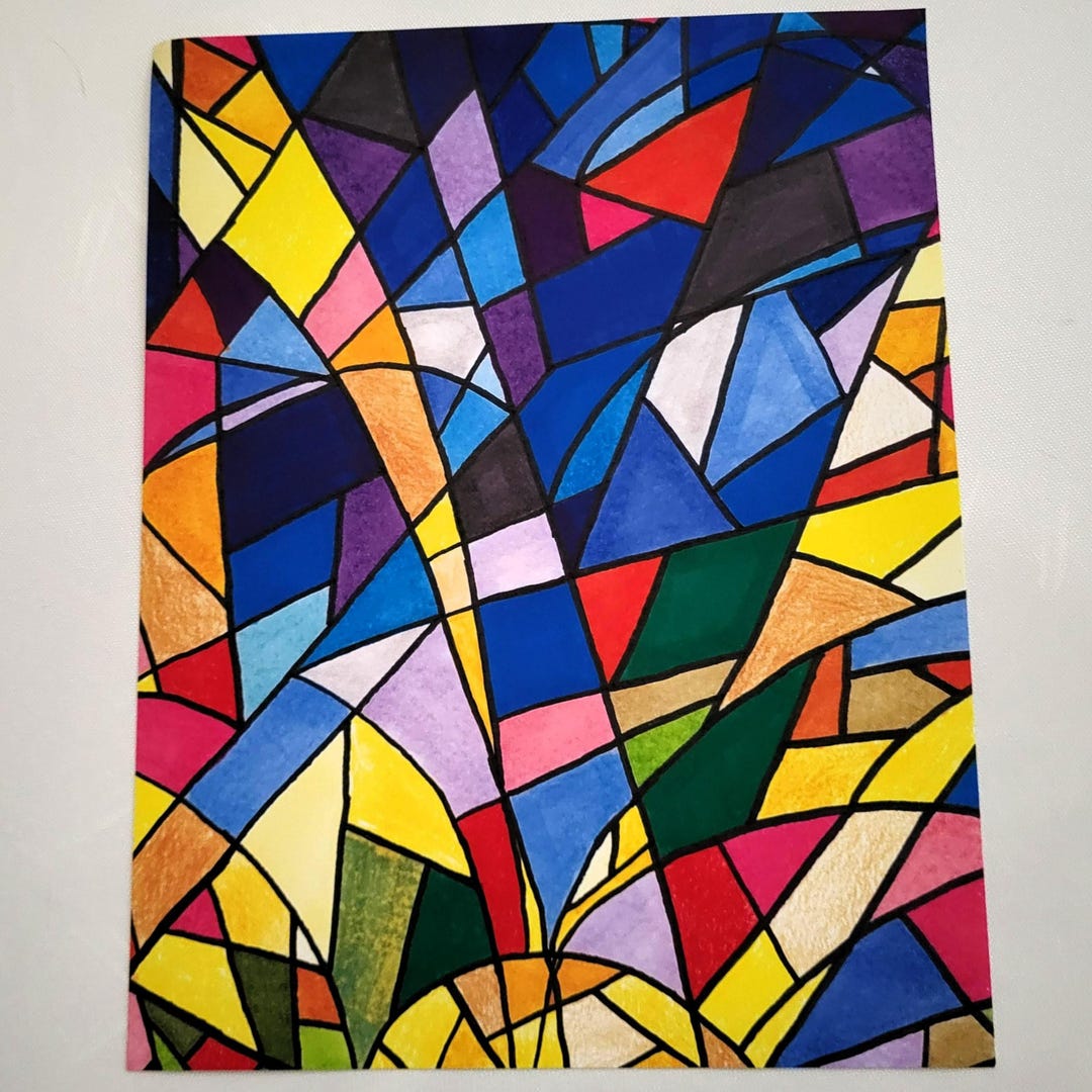 Stained Glass Sunburst Scene | Oranges Blues Purples Yellows Abstract ...