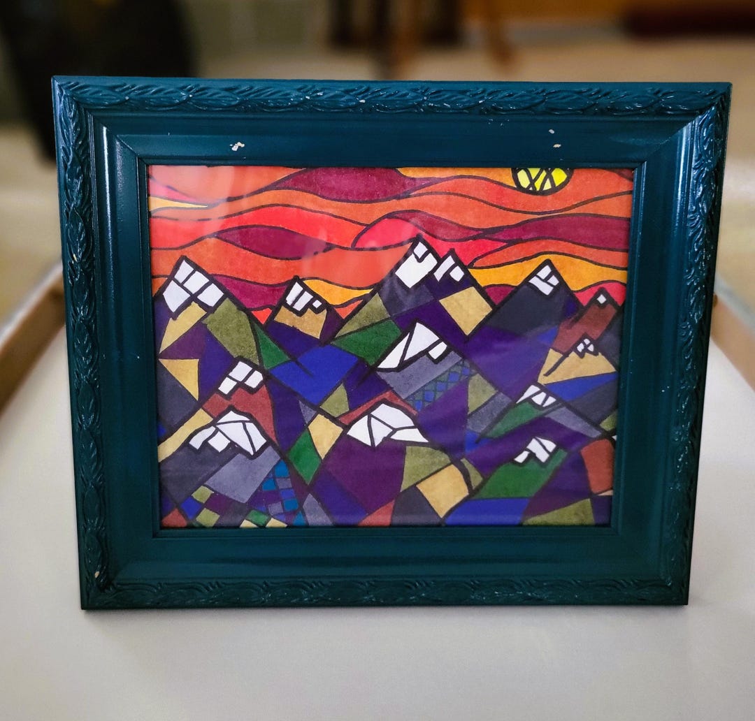 Stained Glass Mountain Sunset: Abstract Watercolor Painting (digital ...