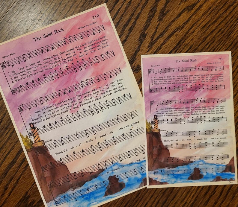 Sheet Music Painting Wall Art | Painting on Hymnal Decor | Solid Rock ...