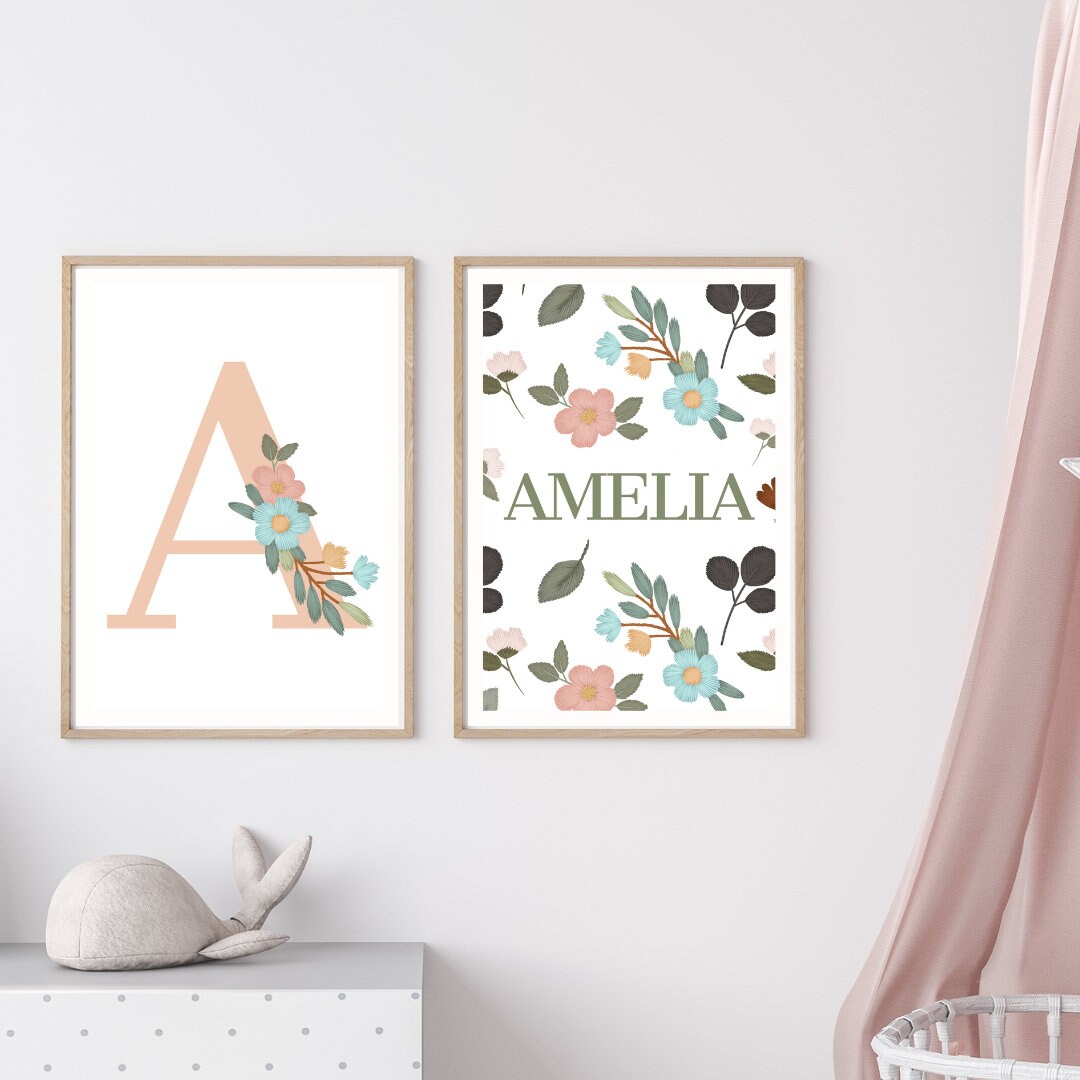 Personalized Set of Floral Posters Wall Decor With Child's Initial ...