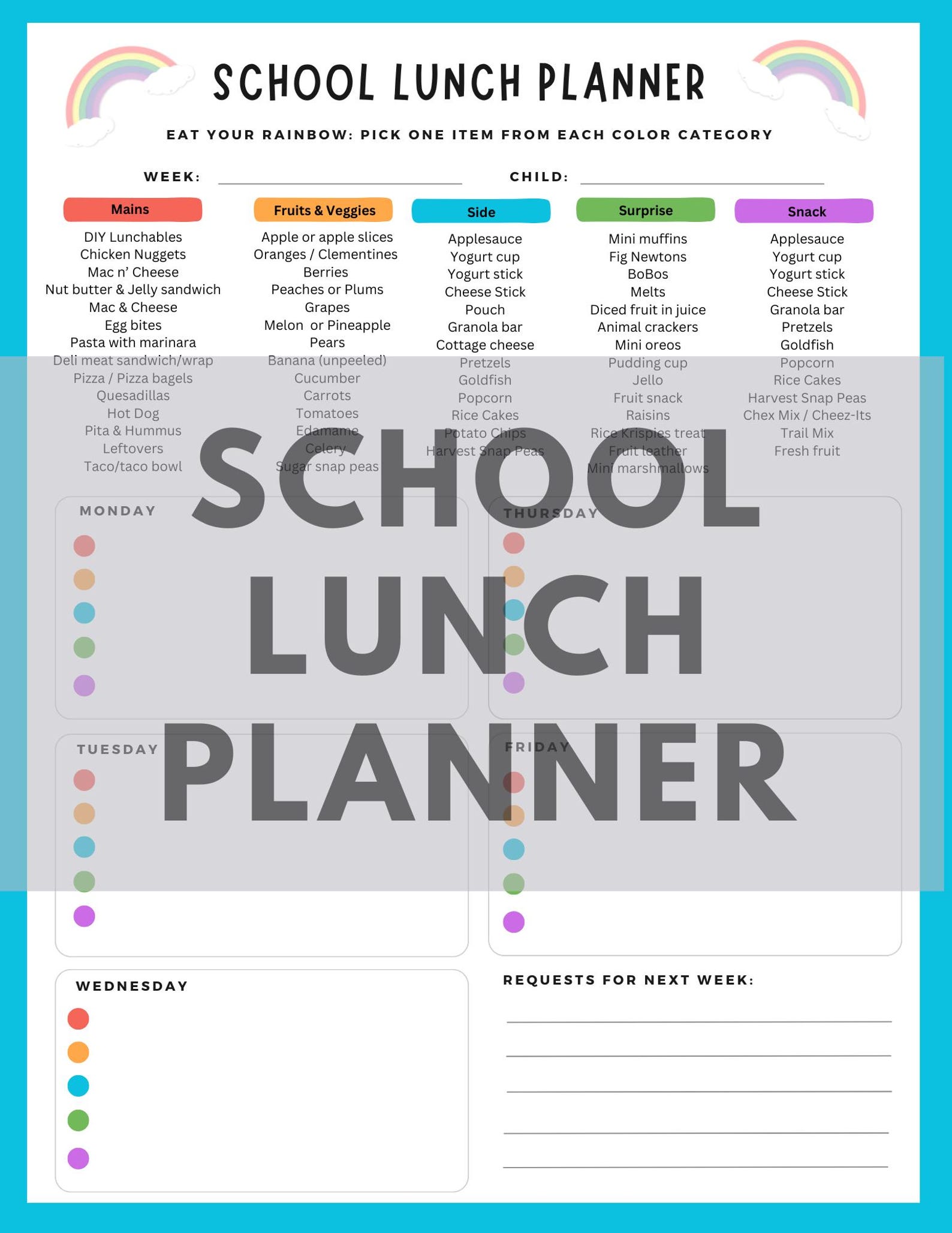 School Lunch Planner, Weekly Lunch Meal Prep, Easy Lunches for Kids ...