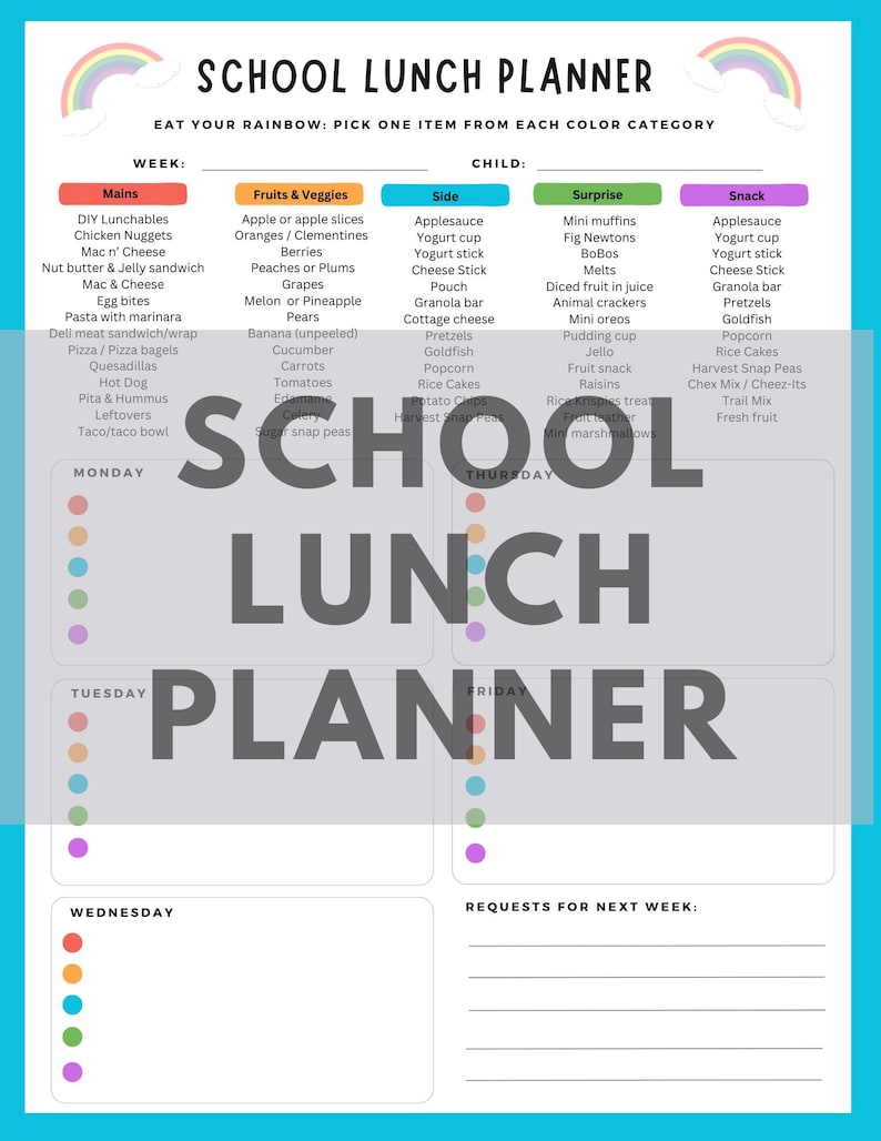 School Lunch Planner, Weekly Lunch Meal Prep, Easy Lunches for Kids ...