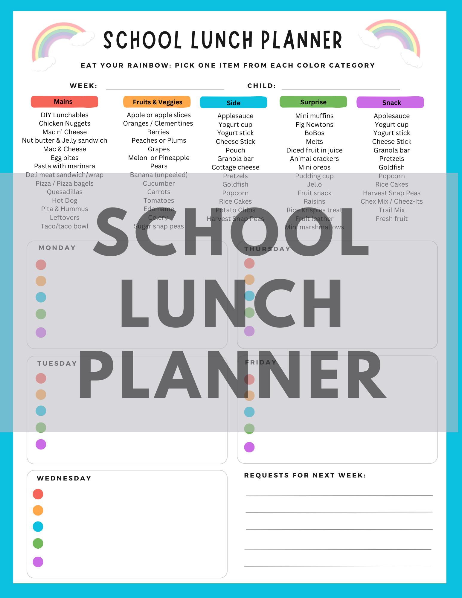 School Lunch Planner, Weekly Lunch Meal Prep, Easy Lunches for Kids ...