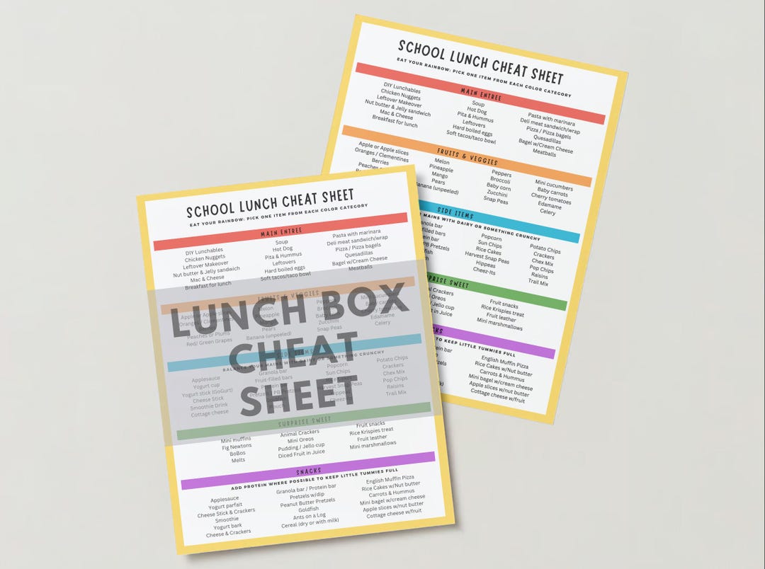 School Lunch Cheat Sheet, Lunch Planner Printable, Easy Lunches for ...