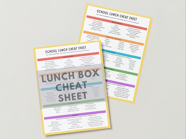 School Lunch Cheat Sheet, Lunch Planner Printable, Easy Lunches for ...