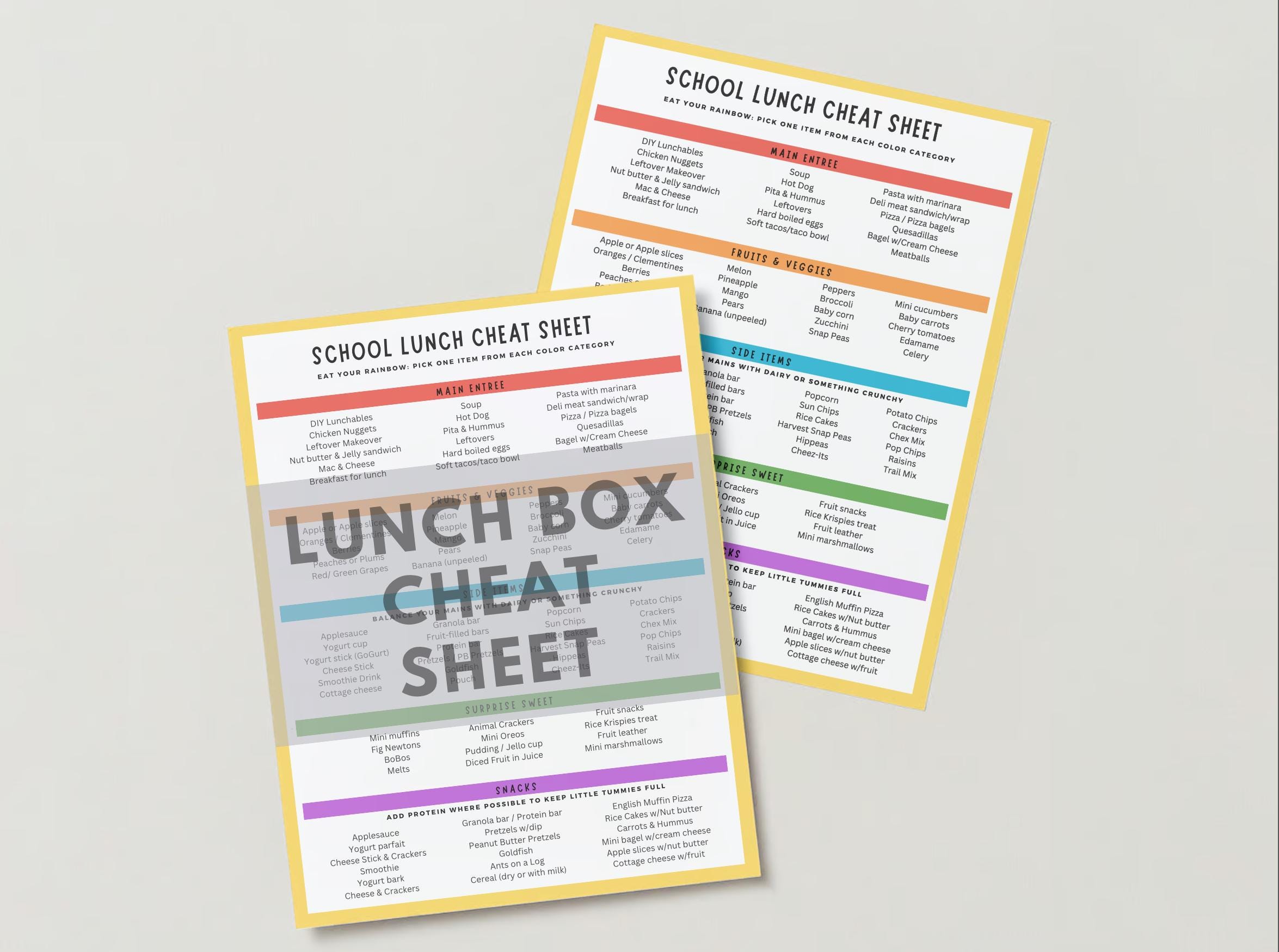 School Lunch Cheat Sheet, Lunch Planner Printable, Easy Lunches for ...