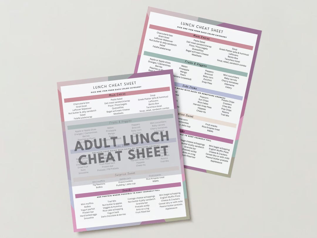 Adult Lunch Cheat Sheet Printable, Easy Lunch Ideas, Meal Prep, Weekly ...