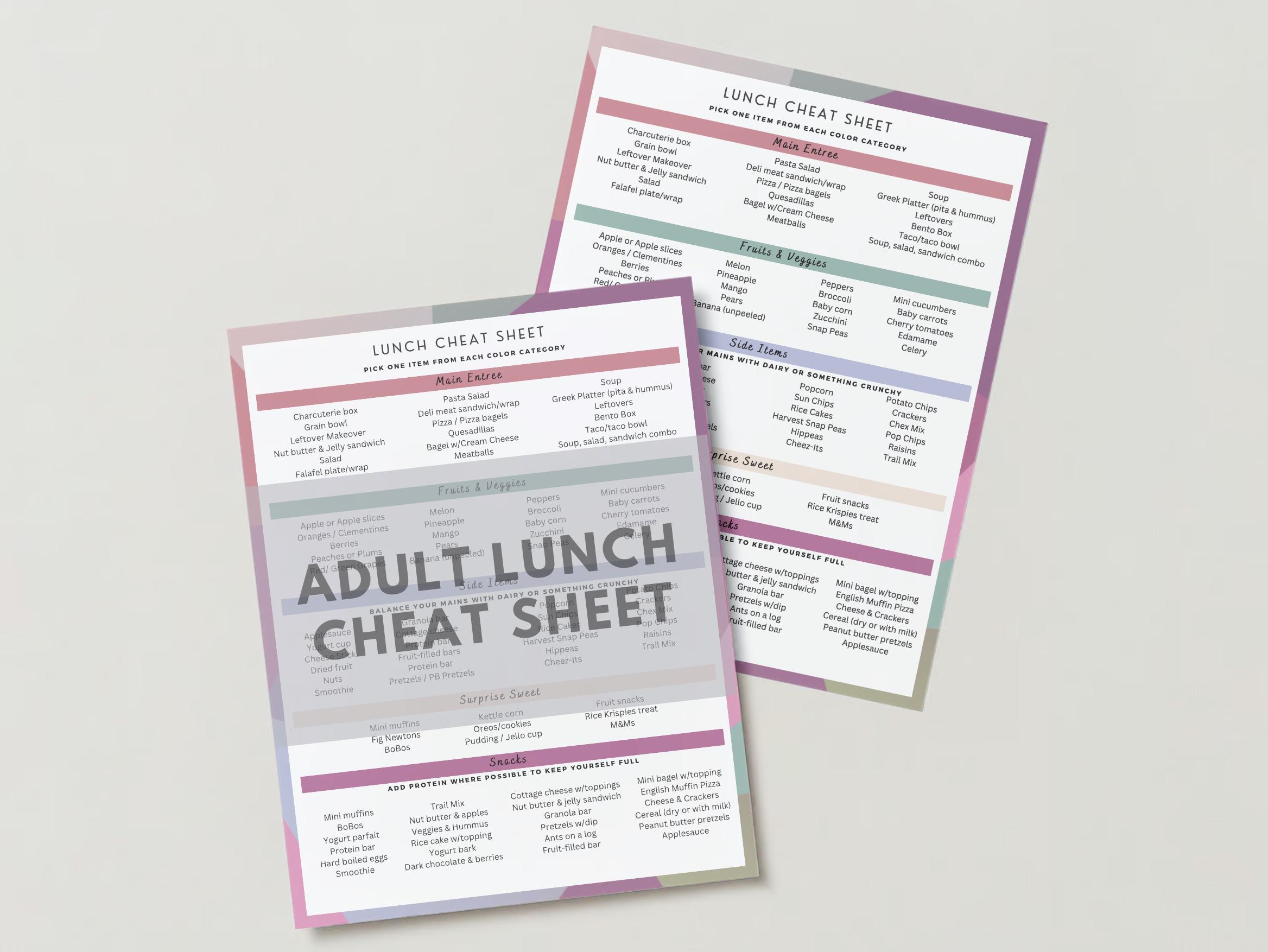 Adult Lunch Cheat Sheet Printable, Easy Lunch Ideas, Meal Prep, Weekly ...