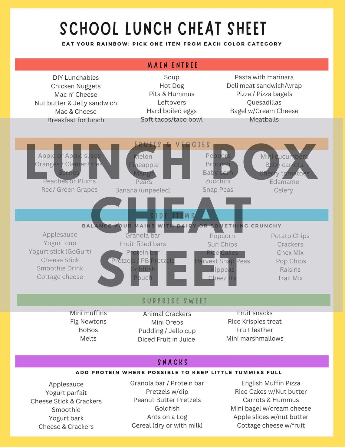 School Lunch Cheat Sheet, Lunch Planner Printable, Easy Lunches for ...