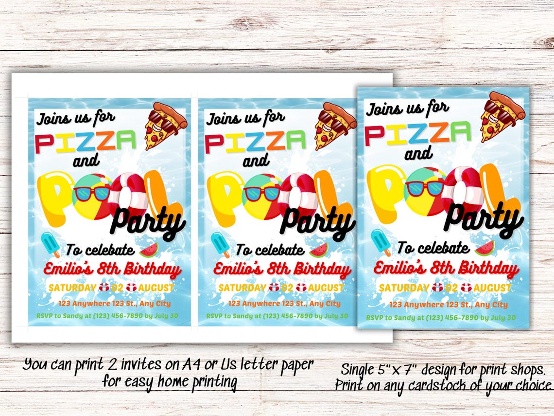 Pizza and Pool Party Birthday Invitation Template | Summer Swim Party ...