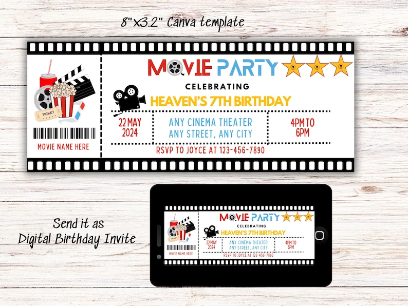 Movie Ticket Birthday Invitation Template, Editable Cinema Birthday ...