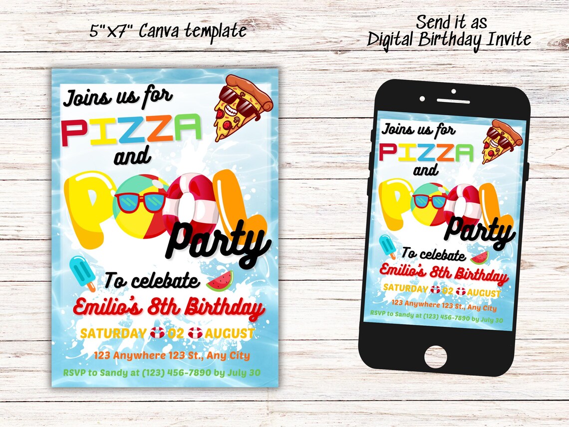 Pizza and Pool Party Birthday Invitation Template | Summer Swim Party ...