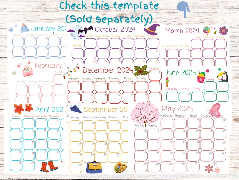 Printable Calendar 2024 Landscape , Monthly Planner 2024, Cute Colorful ...