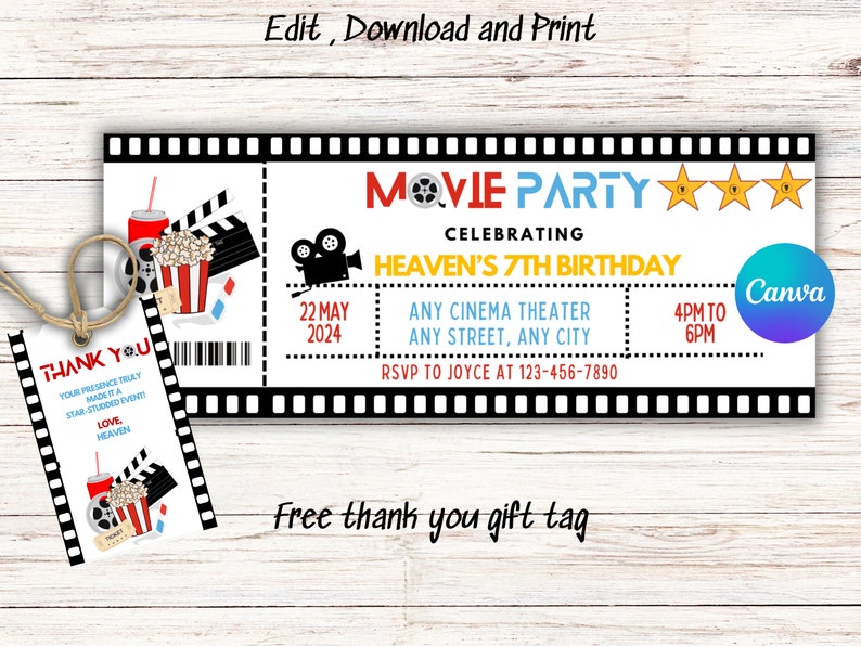 Movie Ticket Birthday Invitation Template, Editable Movie Birthday ...