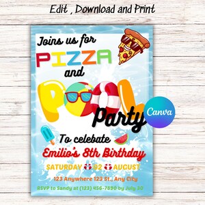 Pizza and Pool Party Birthday Invitation Template | Summer Swim Party ...