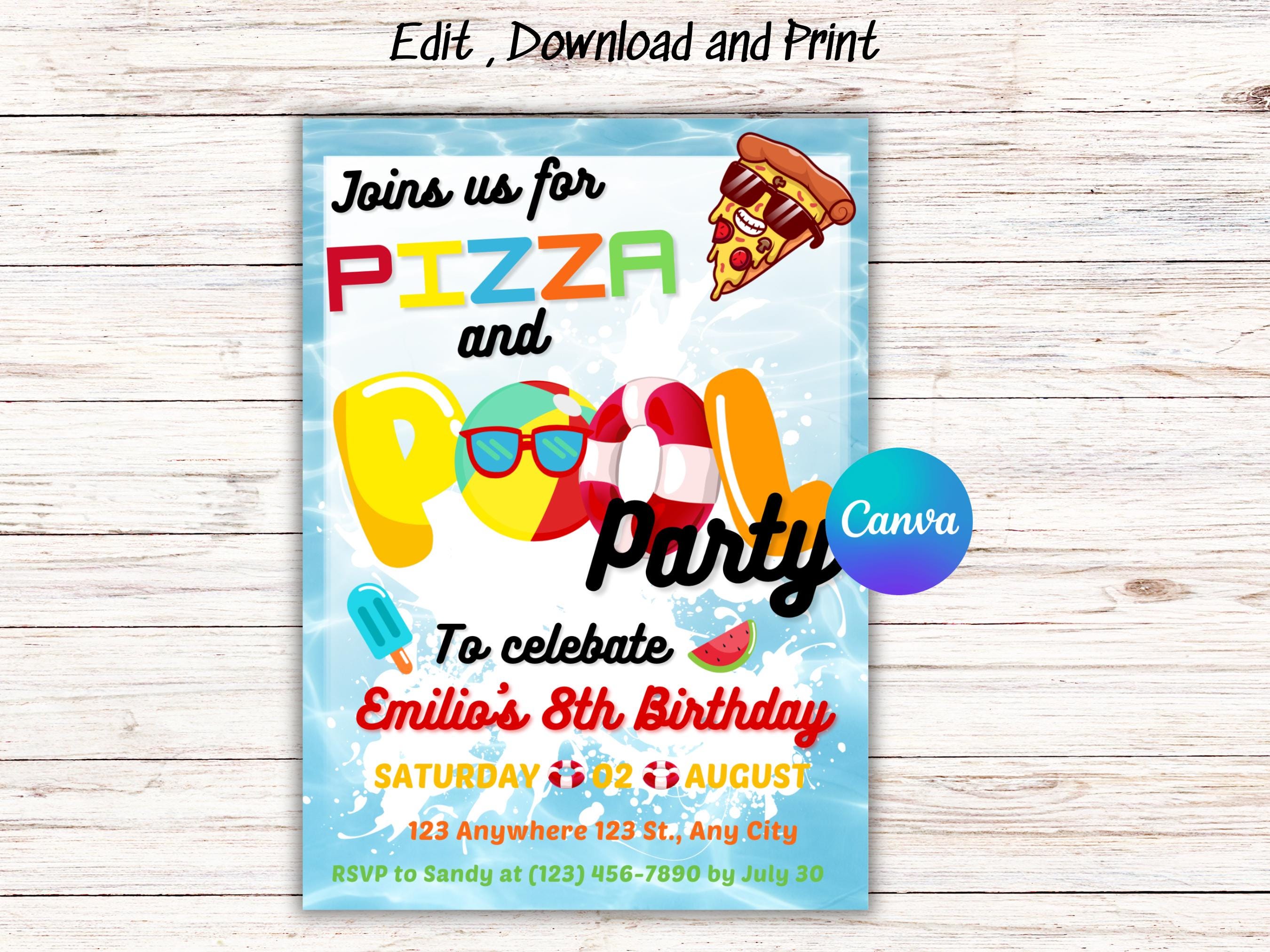 Pizza and Pool Party Birthday Invitation Template | Summer Swim Party ...