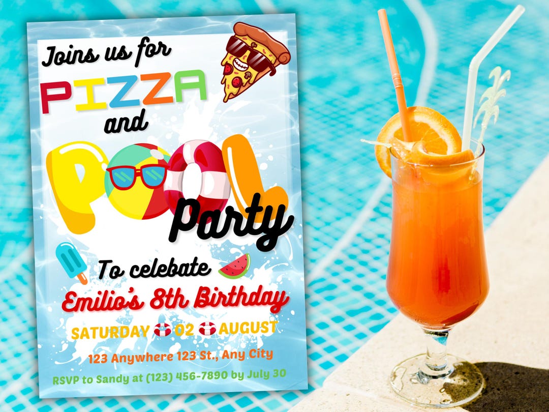 Pizza and Pool Party Birthday Invitation Template | Summer Swim Party ...