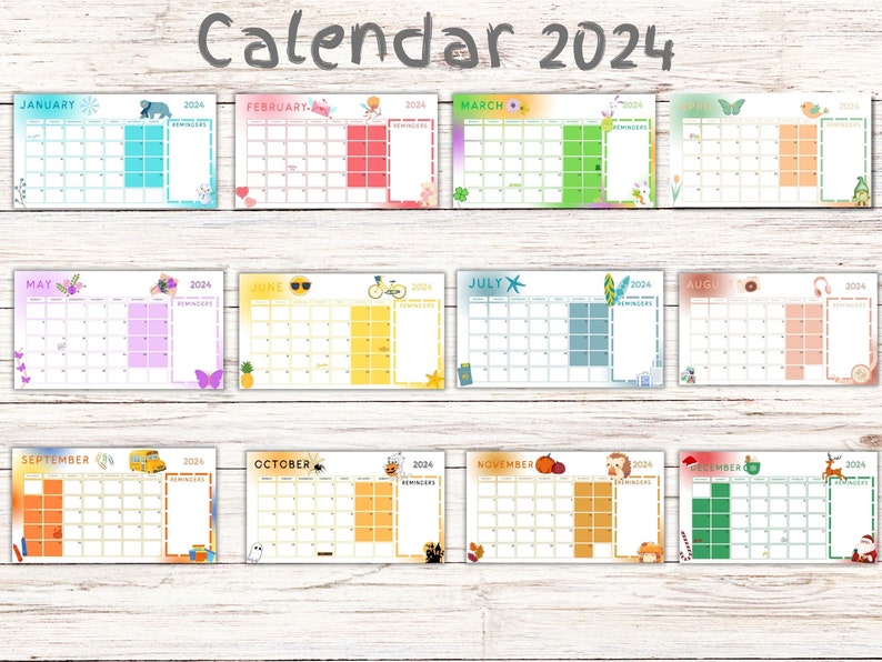 Printable Calendar 2024 Landscape , Monthly Planner 2024, Cute Colorful ...