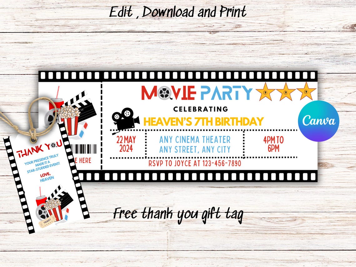 Movie Ticket Birthday Invitation Template, Editable Cinema Birthday ...