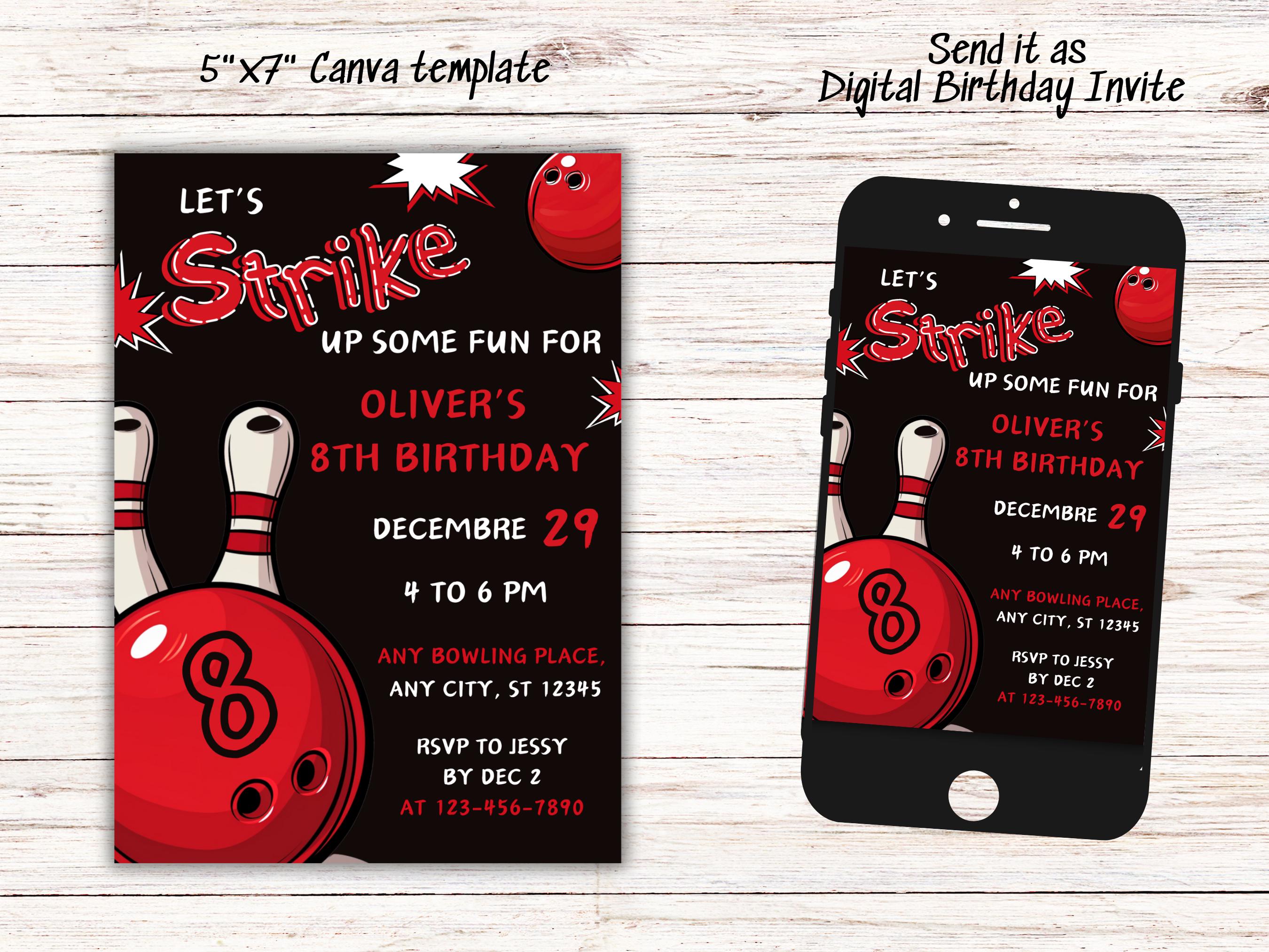Bowling Birthday Party Invitation Template (canva Digital Download) - Etsy