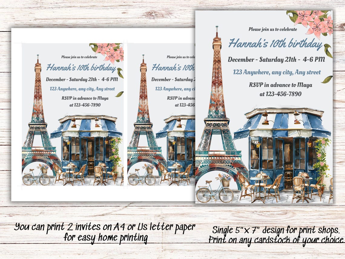 Paris Birthday Invitation Template Eiffel Tower Theme (canva Digital ...