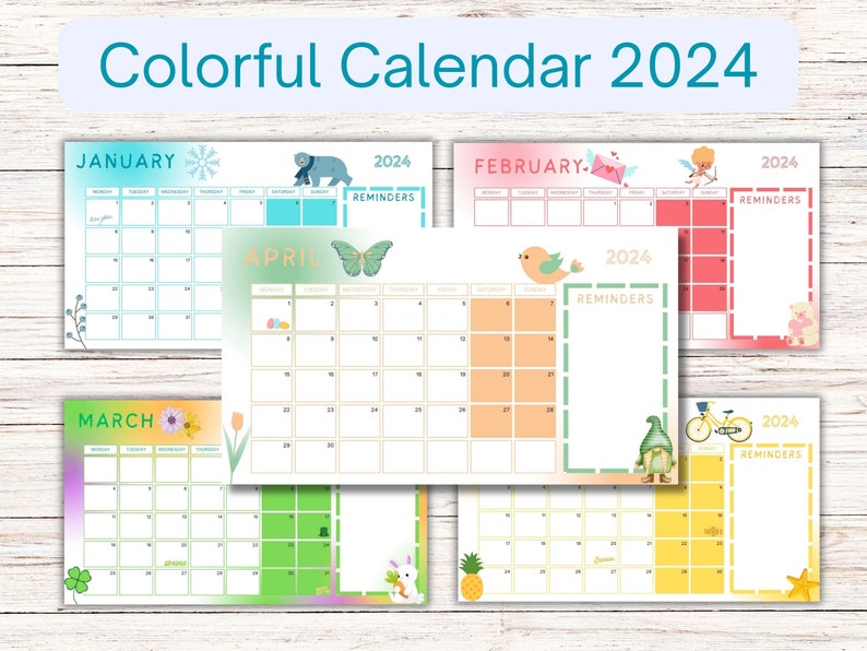 Printable Calendar 2024 Landscape , Monthly Planner 2024, Cute Colorful ...