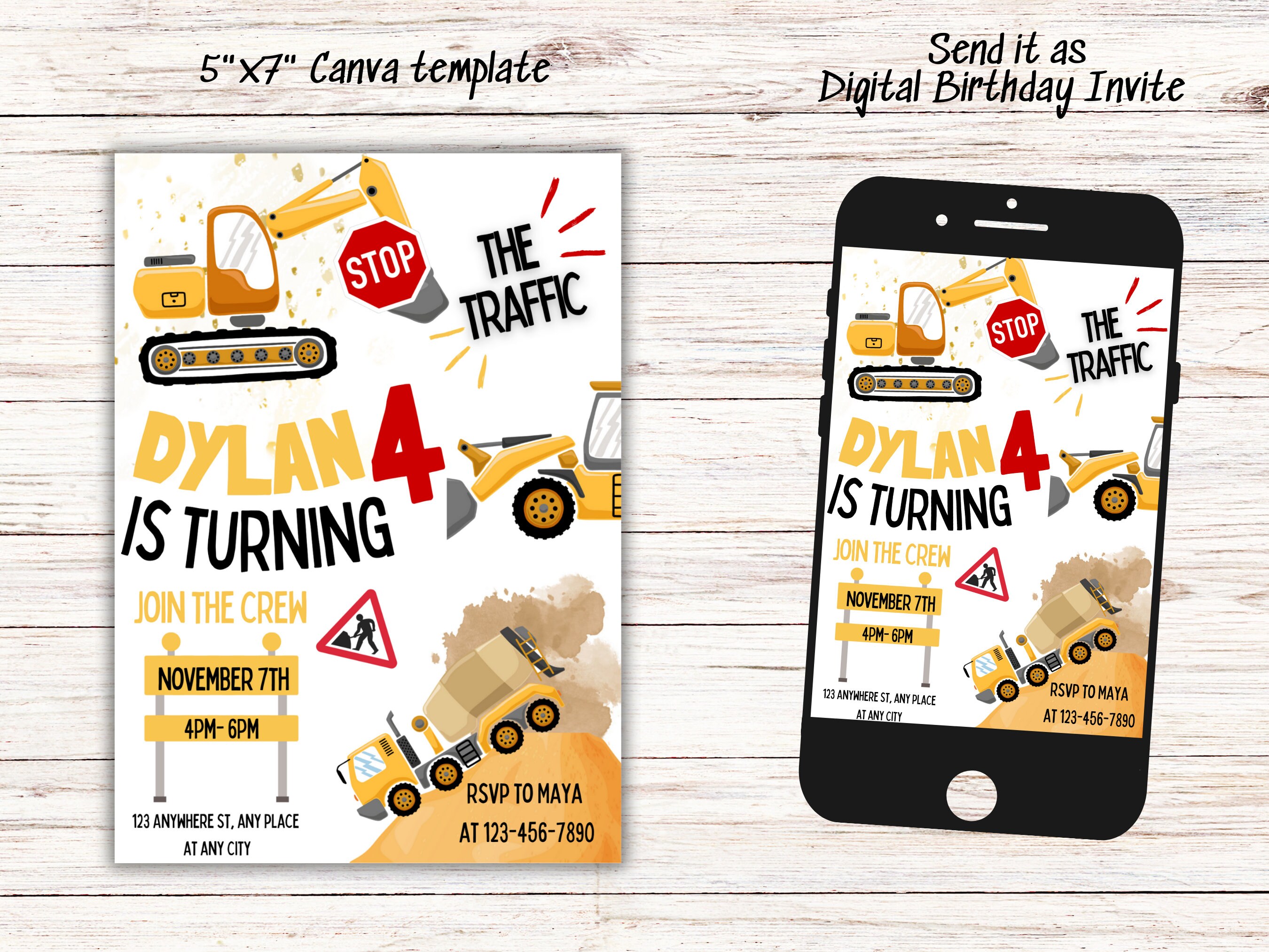 Construction Vehicles Birthday Invitation, Printable Birthday Boy ...