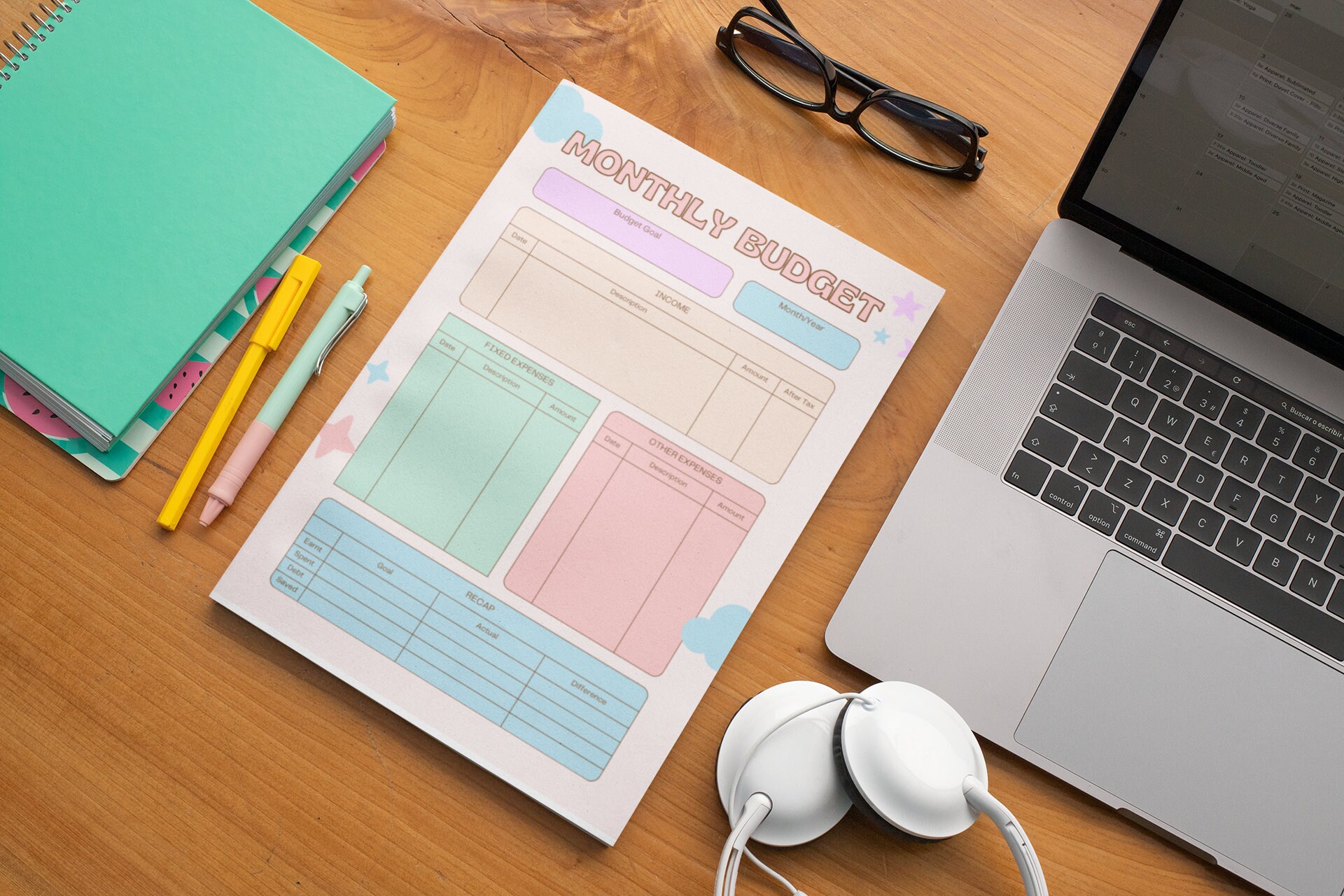 Monthly Budget Digital Planner, Colorful Design, One Page, Blue and ...