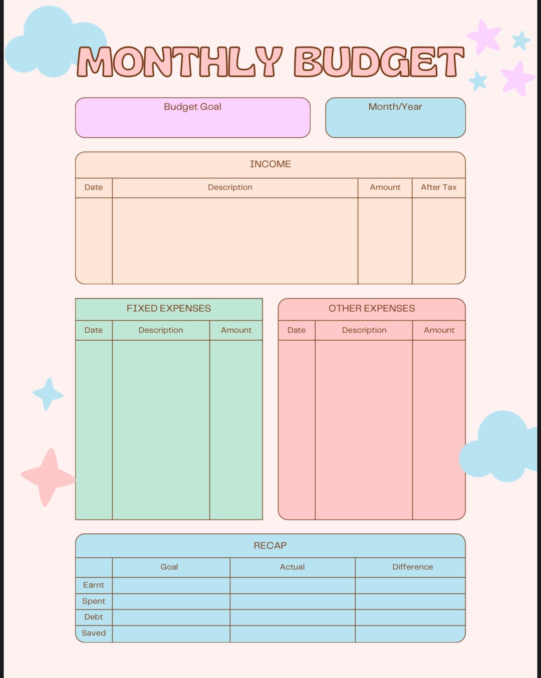 Monthly Budget Digital Planner, Colorful Design, One Page, Blue and ...