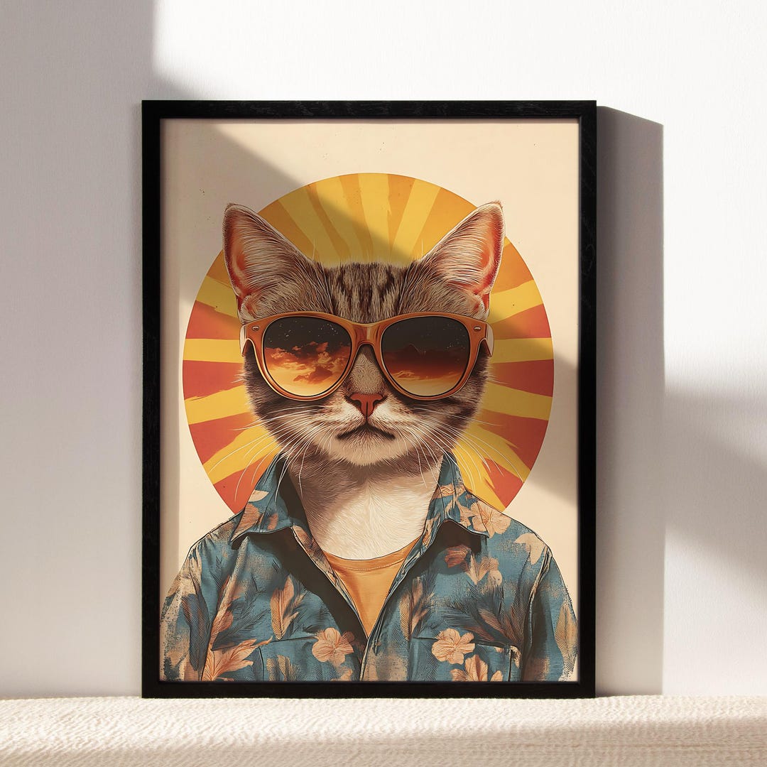 Cat With Sunglasses, Cool Cat Framed Art, Cat Wall Decor, Retro Cat ...
