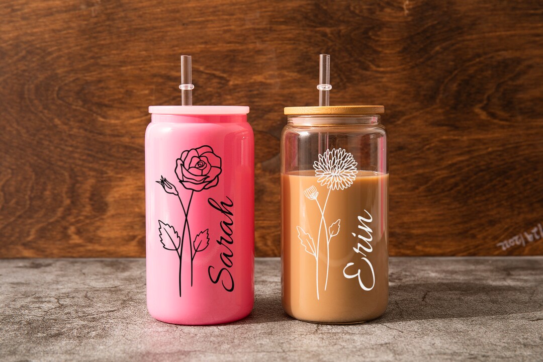 Custom Birth Flower Glass Cup, Personalized Iced Coffee Cup, Birth ...