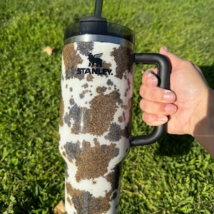 Custom Cow Hide - Authentic Stanley Tumbler - Epoxy Glitter Brown Cow ...