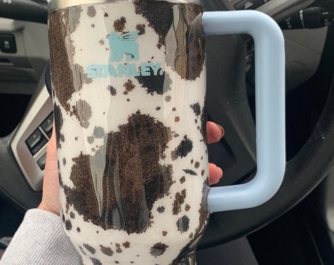 Custom Cow Hide Authentic Stanley Tumbler Epoxy Glitter Cow Print ...