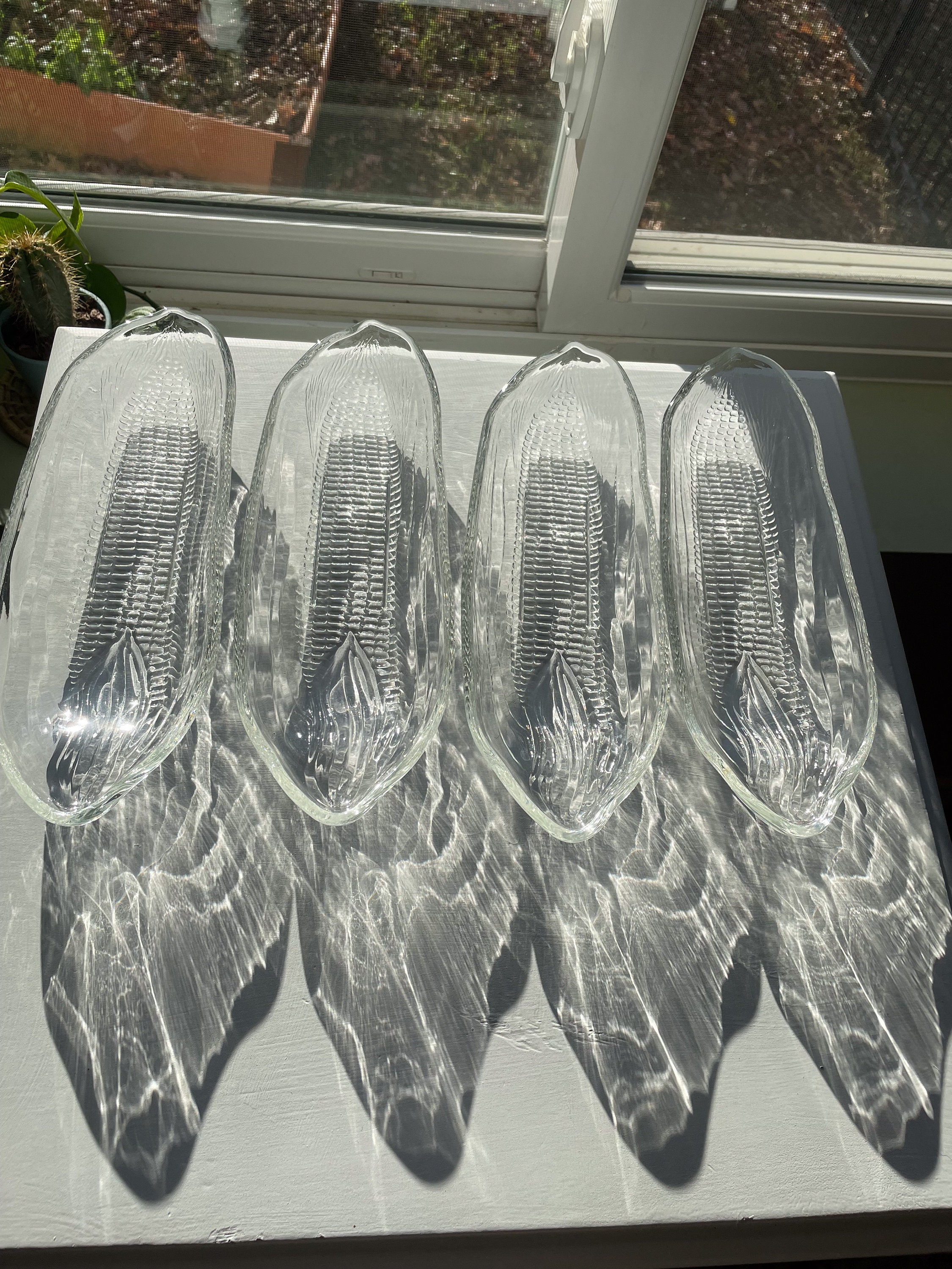 Vintage Glass Corn on the Cob Dishes, Set of Four, Unique Corn Holder ...