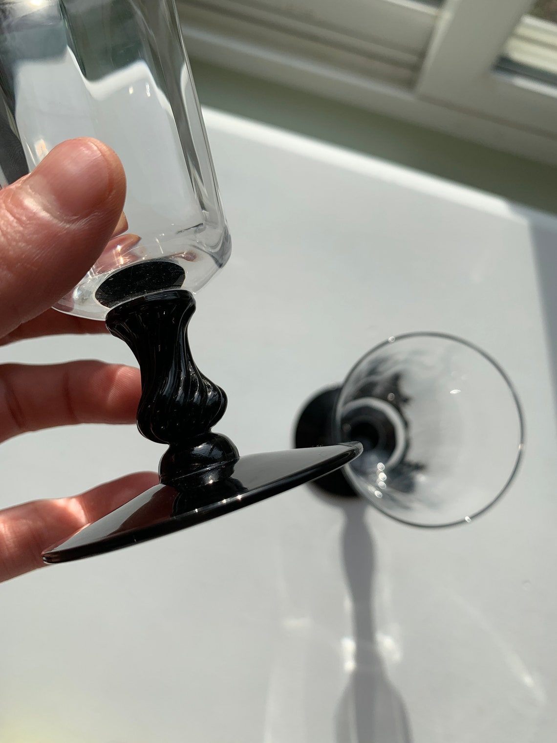 Vintage Pair of Beautiful Swirl Base Optical Wine Glasses With Black ...