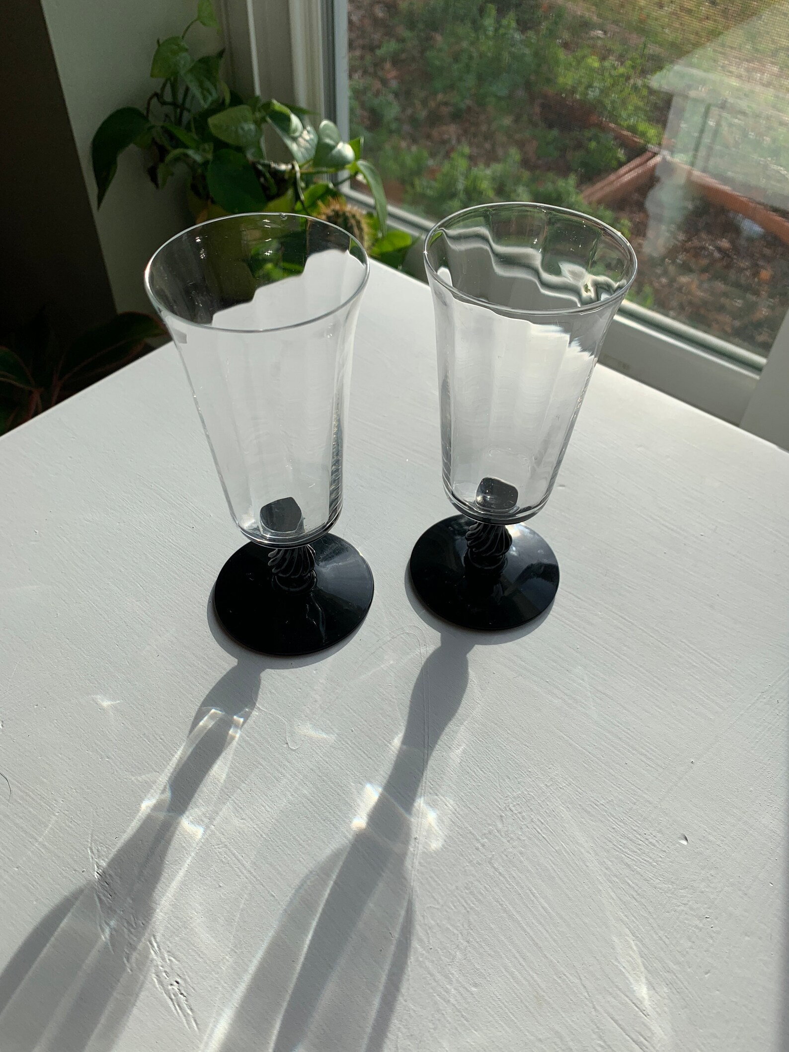 Vintage Pair of Beautiful Swirl Base Optical Wine Glasses With Black ...