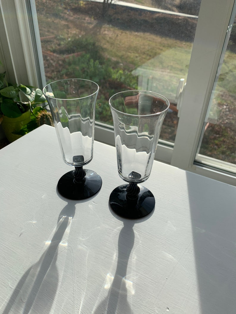 Vintage Pair of Beautiful Swirl Base Optical Wine Glasses With Black ...