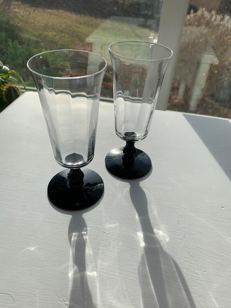 Vintage Pair of Beautiful Swirl Base Optical Wine Glasses With Black ...