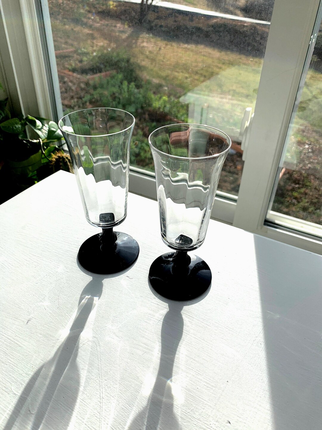Vintage Pair of Beautiful Swirl Base Optical Wine Glasses With Black ...