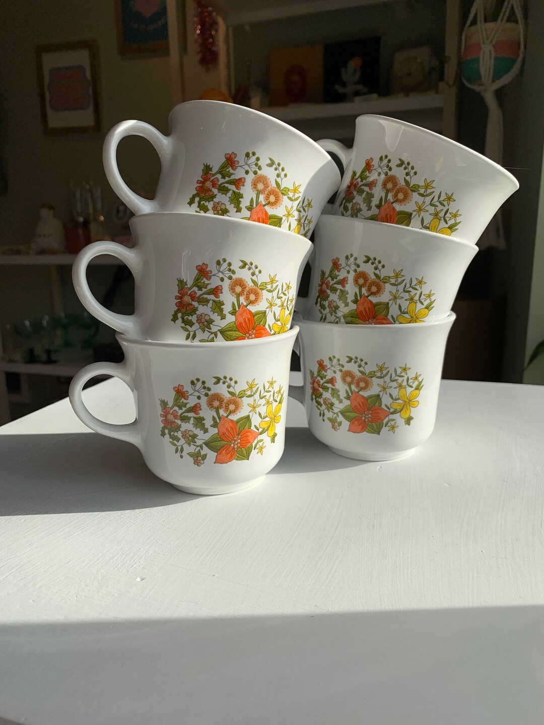 Vintage Set of 6 Corelle Corning Coffee Tea Mugs, Indian Summer Pattern ...