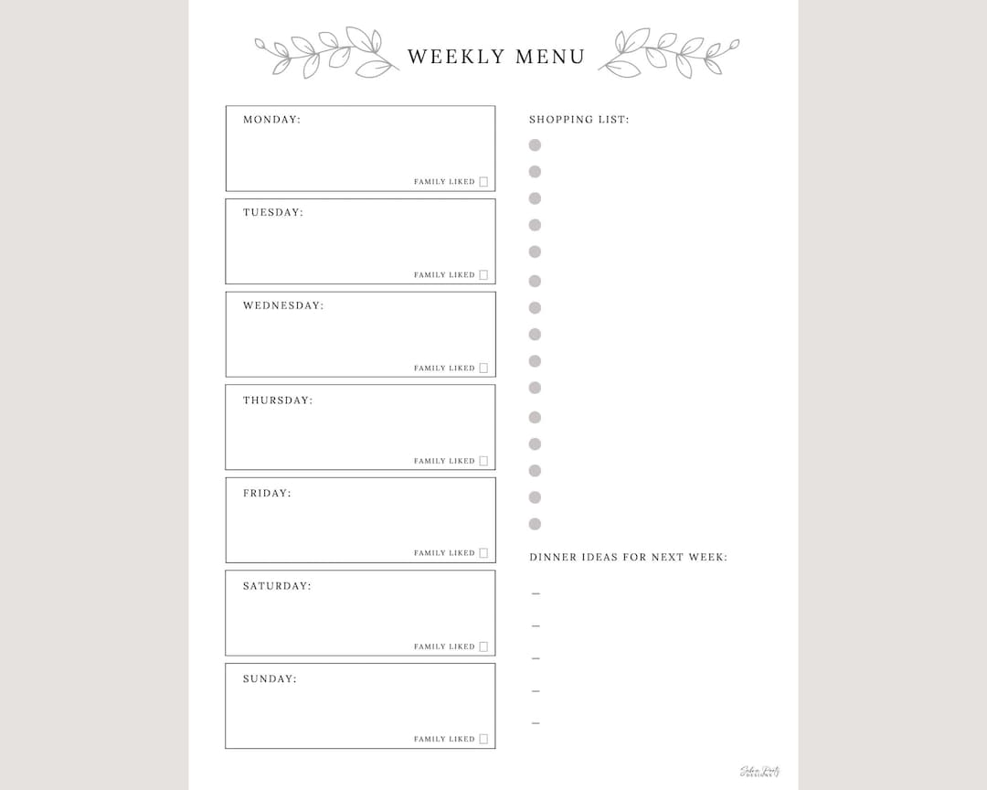 Weekly Printable Menu, Weekly Menu, Weekly Menu Planner, Weekly Menu Printable Planner ...