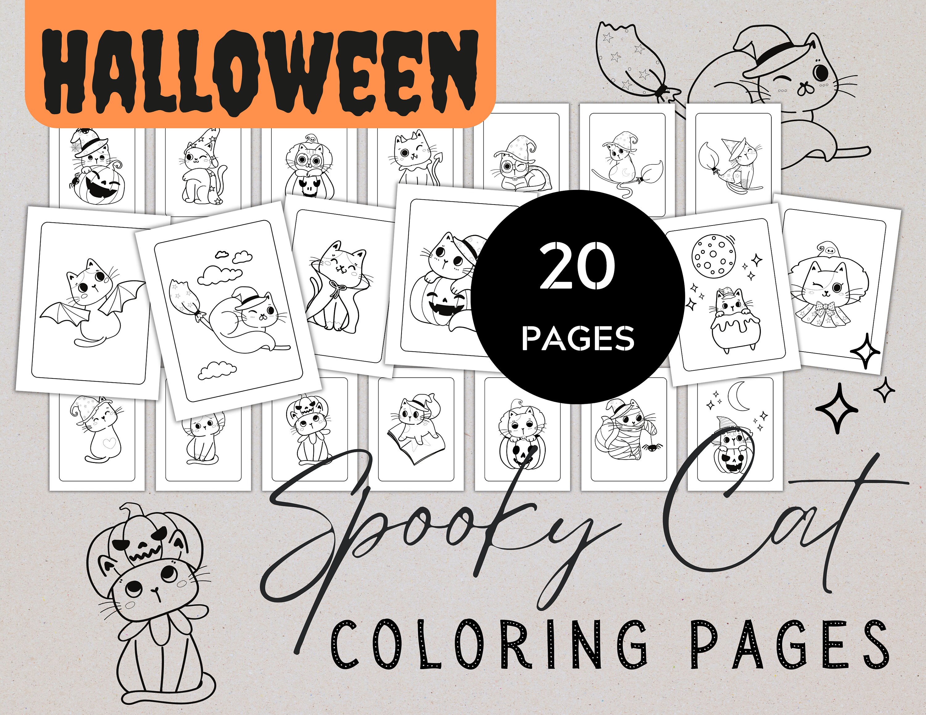 Spooky Cat Coloring Pages - Etsy