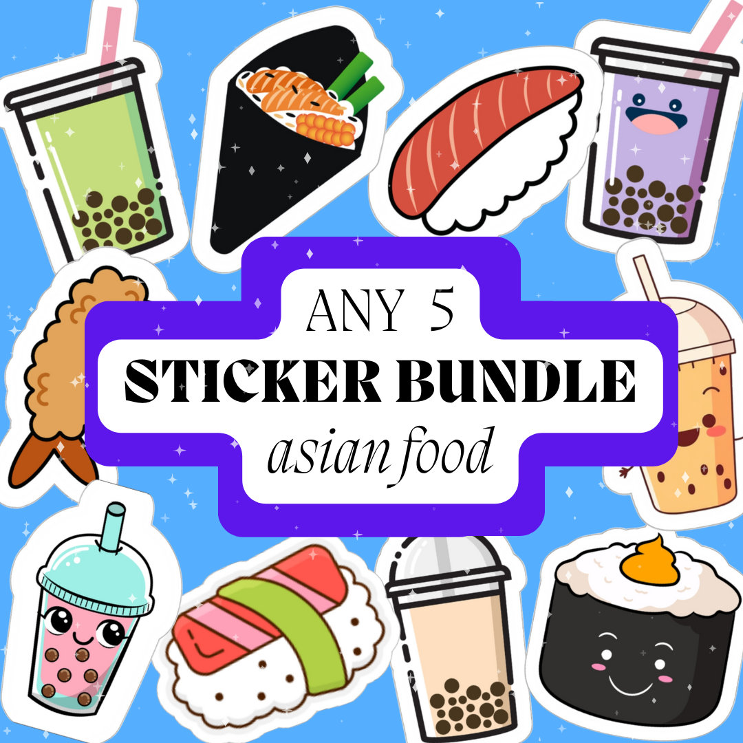 5 Asian Food Themed Foodie Sticker Bundle Set Sushi Stickers Boba Tea ...