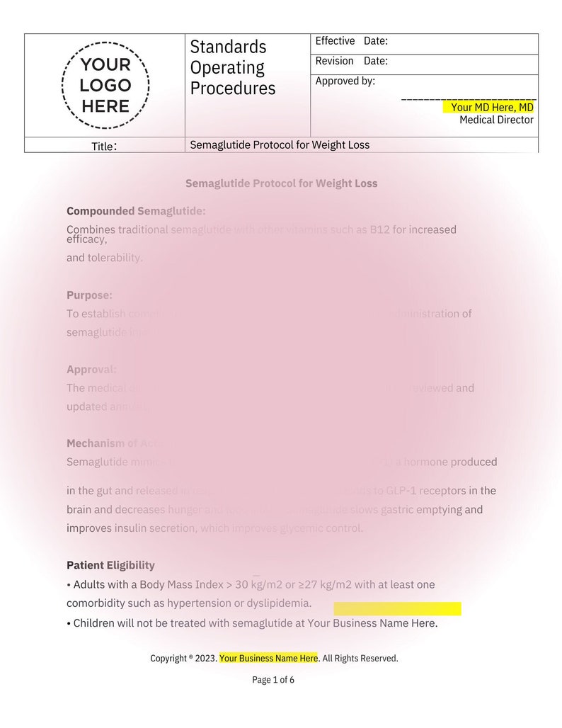 Semaglutide Protocol- Standard Operating Procedures- SOP- Policy ...