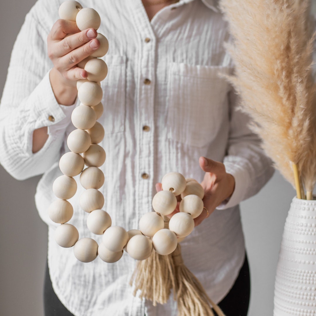 Extra Large Natural Wood Bead Garland With Tassel I Farmhouse Wood Bead ...