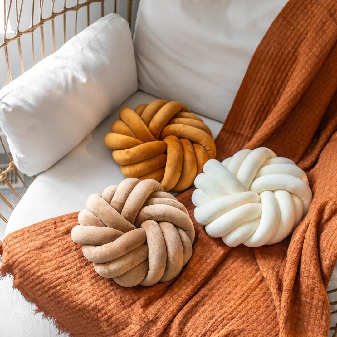 Round Velvet Knot Pillow I Stuffed Handmade Decorative Pillow I Nordic ...