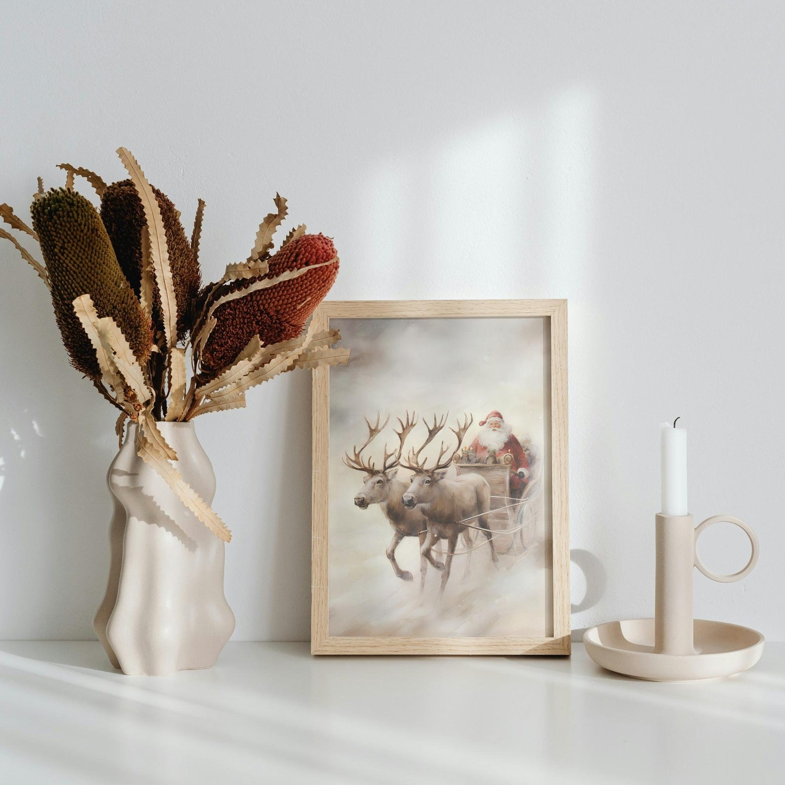 Vintage Santa Claus Wall Art, Santa Claus With Sleigh Prints, Rustic ...