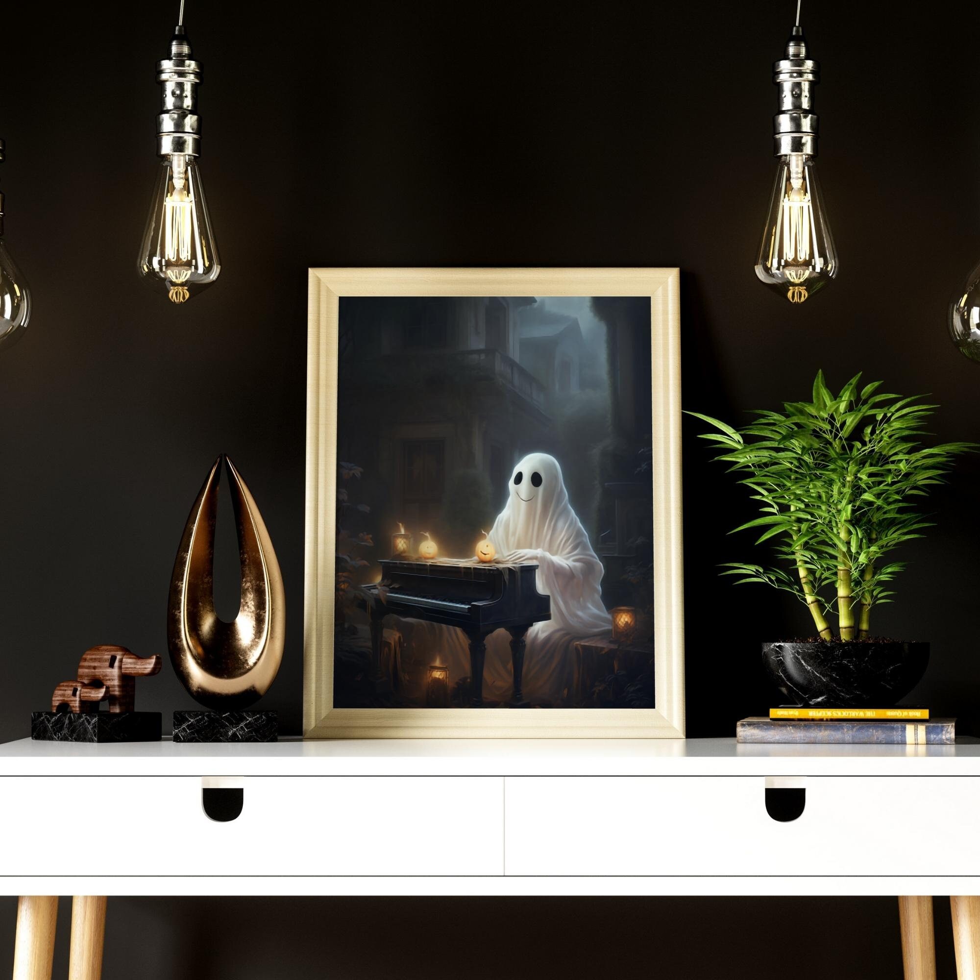 Vintage Halloween Wall Art Printable Decor Cute Ghost Playing the Piano ...