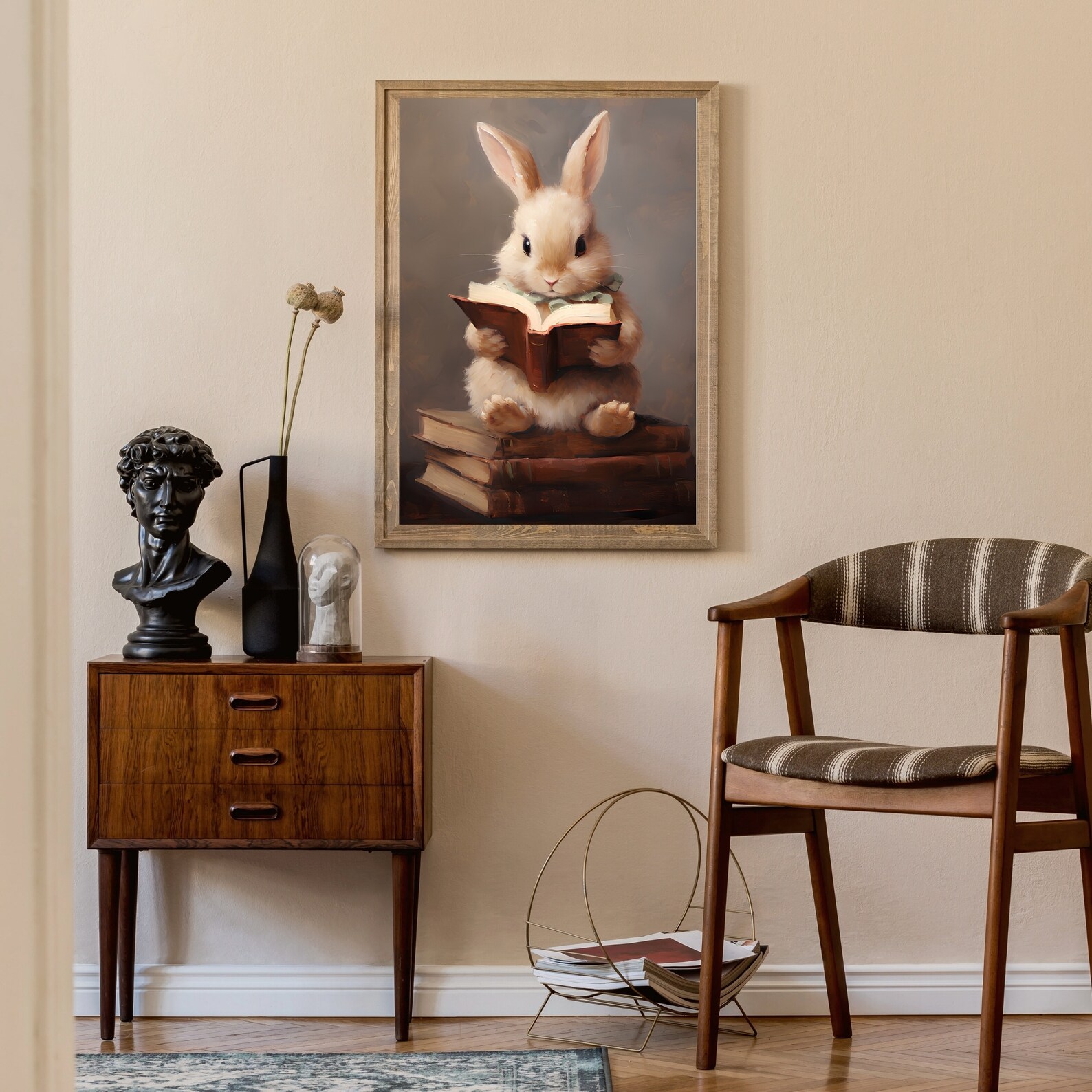Vintage Spring Cute Easter Bunny Reading A Book Wall Art,easter Prints ...